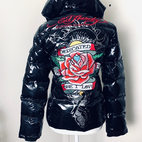 Ed Hardy | Jackets & Coats | Rare Ed Hardy Skulls And Roses Puffer ...